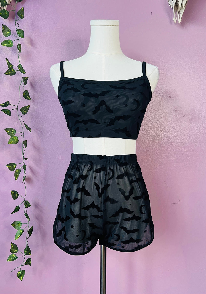 The Sinister Set - Sheer Velvet Flocked Bat Bra & Shorts Set - READY T ...