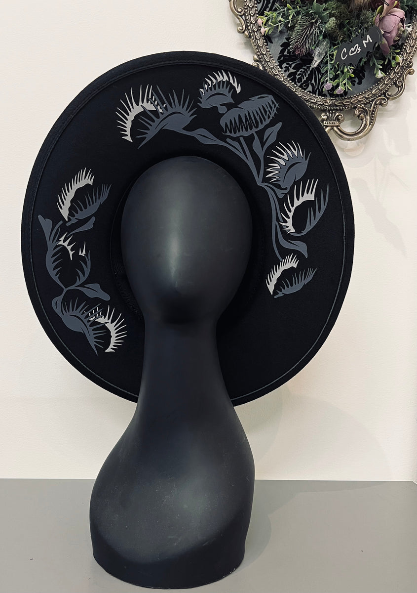 Vegan Felt Wide Brim Hat - XL Brim - Venus Fly Traps (Monochromatic ...