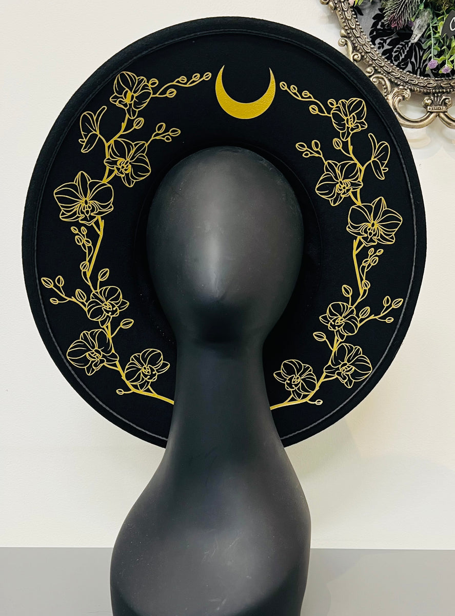 Vegan Felt Wide Brim Hat - XL Brim - Gold or Silver Orchids Outline ...